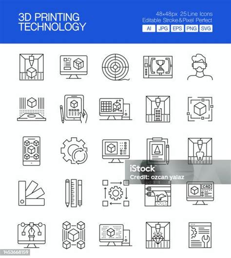 3d 프린팅 및 기술 얇은 선 벡터 아이콘 세트입니다 디자인은 편집 가능하며 색상을 변경할 수 있습니다 창의력 아이콘의 벡터