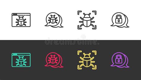Set Line System Bug And Cyber Security On Black And White Vector Stock Vector Illustration
