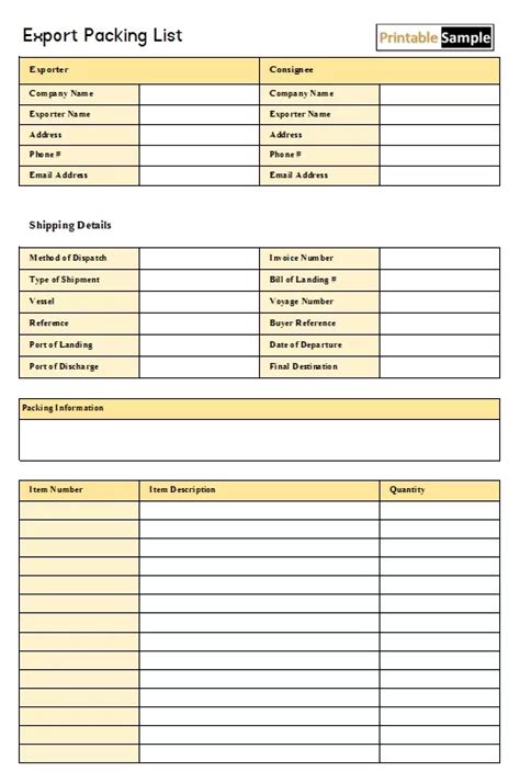 Free Packing List Templates Word Excel And Pdf Printable Samples