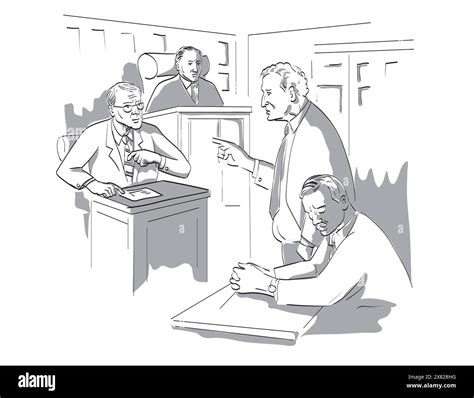 Drawing Pen And Ink Style Sketch Illustration Of A Courtroom Trial