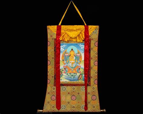 Maitreya Buddha Thangka With Brocade Artfully Designed With Celestial