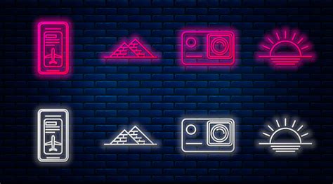 세트 라인 이집트 피라미드 액션 익스트림 카메라 전자 탑승권 항공권 및 일몰스마트 폰 벽돌 벽에 빛나는 네온 아이콘 벡터 건축에 대한 스톡 벡터 아트 및 기타 이미지