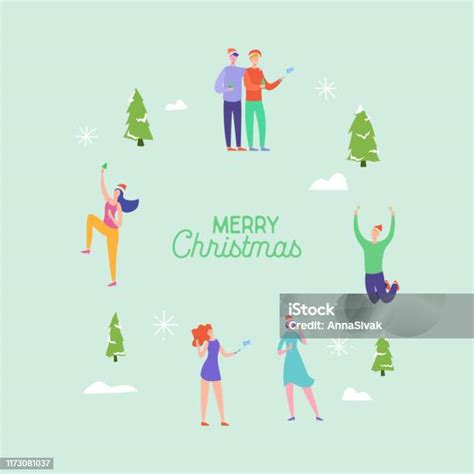 파티 카드 또는 초대 포스터 사람들 문자 친구와 가족 메리 크리스마스와 새해 복 야 밤을 축하 벡터 일러스트레이션 12월에 대한 스톡 벡터 아트 및 기타 이미지 Istock