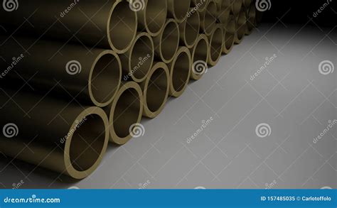 A Series Of Metallic Brass Tubes On A Glossy Black Surface 3d