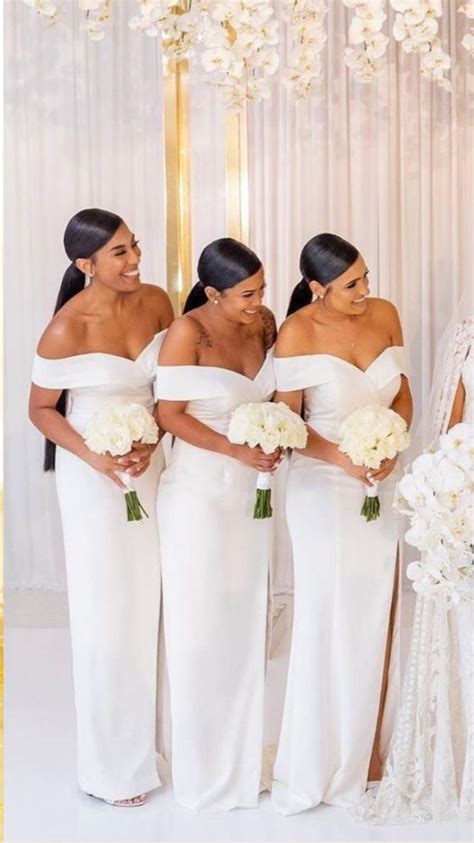 White Off The Shoulder Satin Long Bridesmaid Dresses White