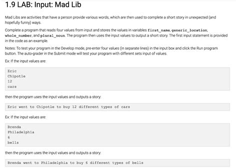 GET ANSWER LAB Input Mad Lib Mad Libs Are Activities That Have A Person Provide Various