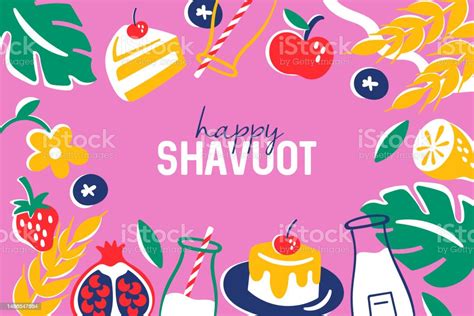 유대인 휴일 Shavuot 테두리 프레임 배경에는 과일 밀 귀 우유병이 있습니다 인사말 카드 배너 또는 포스터 디자인을 위한 유치한 인쇄 Shavuot에 대한 스톡 벡터