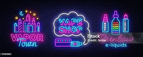 Vape가 게 네온 사인 컬렉션 벡터입니다 Vaping 스토어 로고 엠 블 럼 네온 그것 Vape 상점 개념 증기 타운 레인