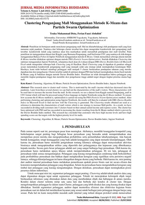 Pdf Clustering Pengunjung Mall Menggunakan Metode K Means Dan Particle Swarm Optimization