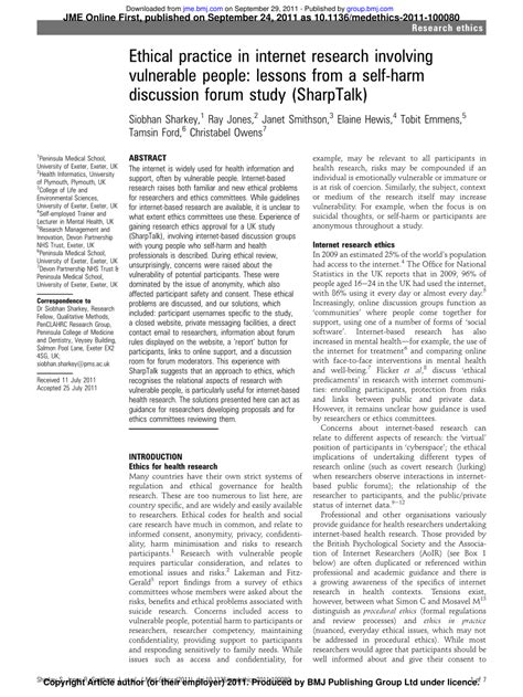 Pdf Ethical Practice In Internet Research Involving Vulnerable People Lessons From A Self