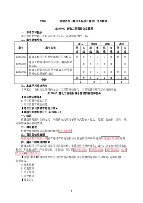 一建管理 考点精讲 第七章建设工程项目信息管理 Word文档在线阅读与下载 无忧文档