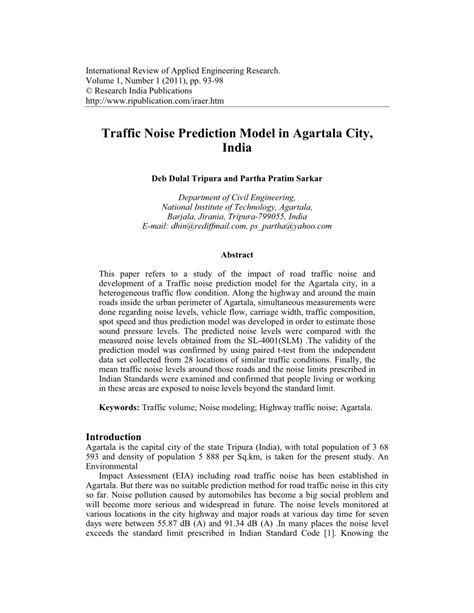 pdf traffic noise prediction model in agartala city india