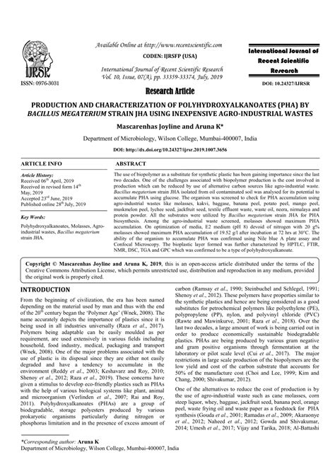Pdf Production And Characterization Of Polyhydroxyalkanoates Pha By Bacillus Megaterium
