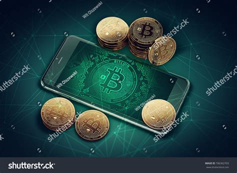 Smartphone Bitcoin Symbol Onscreen Stack Golden Stock Illustration