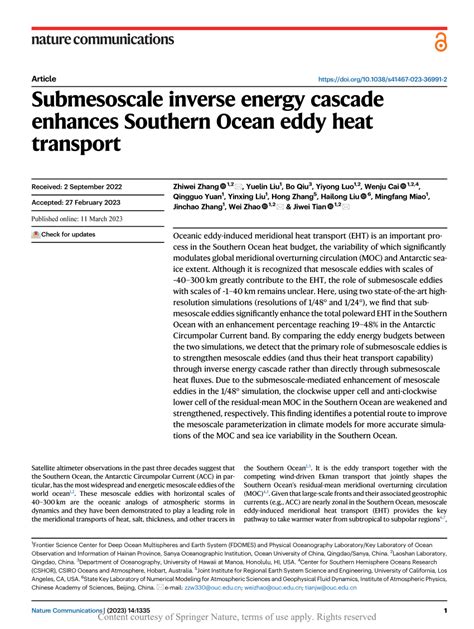 Pdf Submesoscale Inverse Energy Cascade Enhances Southern Ocean Eddy Heat Transport