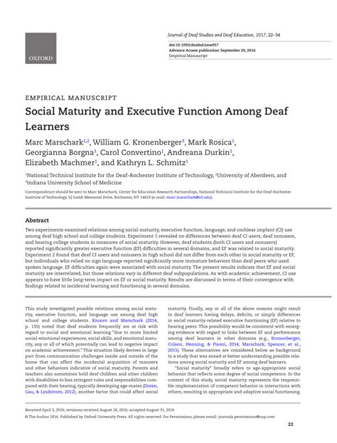 Pdf Social Maturity And Executive Function Among Deaf Learners