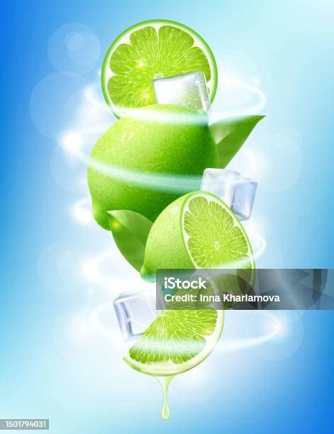 얼음 조각이 떨어지거나 날아가는 신선한 석회 나뭇잎 반 석회 얇게 썬 석회 파란색 배경에 분리된 3d 사실적인 벡터 그림이 있는 요소 석회의 구성 감귤류 과일에 대한 스톡