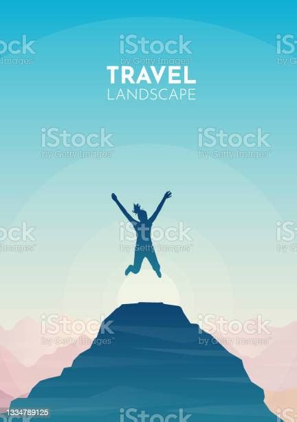 산 꼭대기에 점프하는 소녀 자연을 발견하고 탐험하고 관찰하는 여행 개념 하이킹 관광 모험 미니멀 한 그래픽 전단지 다각형 플랫