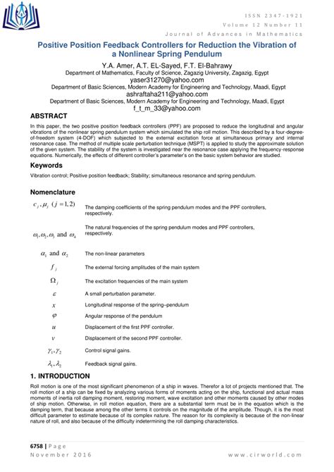 Pdf Positive Position Feedback Controllers For Reduction The Vibration Of A Nonlinear Spring