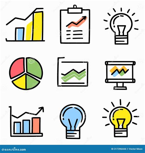 Set Business Icons Featuring Pie Chart Clipboard Growth Chart Two Types Lightbulbs Bar Graph