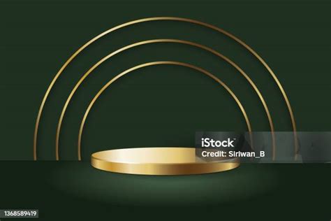 골드 라운드 포디움 디스플레이는 녹색 바닥에 골드 원 라인과 그림자와 배경 모형 템플릿을 서있다 키오스크에 대한 스톡 벡터 아트