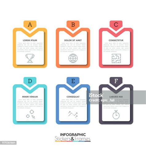 문자 텍스트 상자 및 얇은 선 아이콘이있는 6 개의 다채로운 직사각형 요소 6 개의 비즈니스 옵션 간단한 인포 그래픽 디자인
