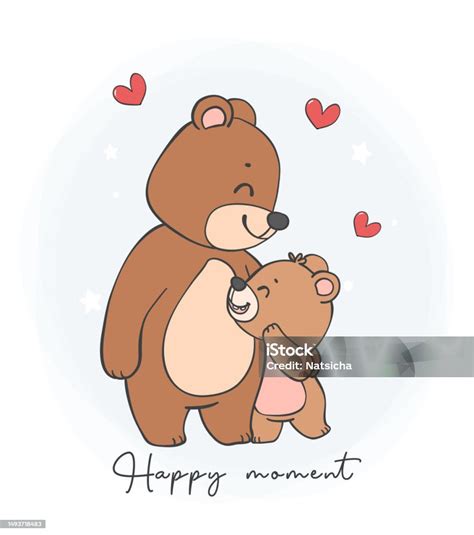 귀여운 해피 아버지의 날 테디베어 아빠가 아기를 안아주고 만화 캐릭터 손으로 낙서 윤곽을 그립니다 귀여운에 대한 스톡 벡터 아트 및 기타 이미지 Istock