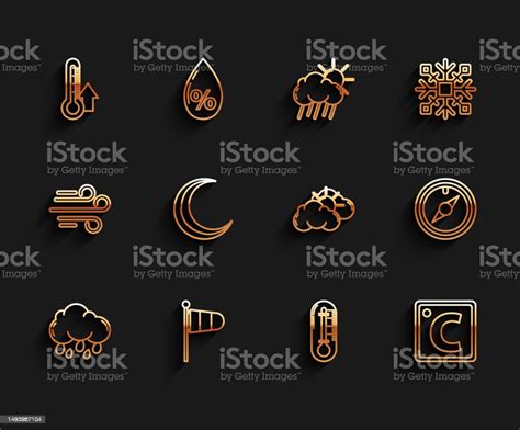 비 원뿔 기상학 Windsock 바람개비 온도계 섭씨 달과 별 바람 장미 및 태양 구름 날씨 아이콘으로 라인 구름을 설정합니다 벡터 0명에 대한 스톡 벡터 아트 및 기타