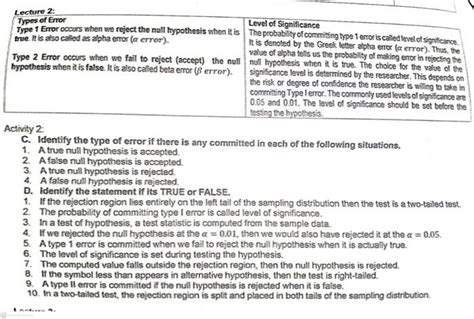 Solved Lecture 2 Types Of Error Level Of Significance Type Chegg Com