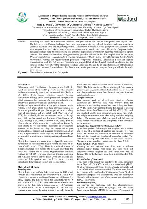Pdf Assessment Of Organochlorine Pesticide Residues In Oreochromis Niloticus