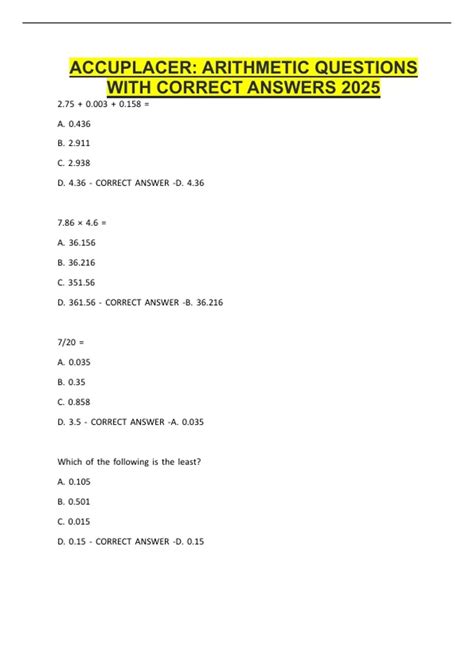 Accuplacer Arithmetic Questions With Correct Answers 2025 Accuplacer Stuvia Us