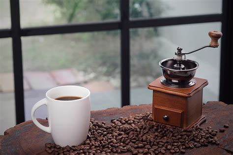 흰색 컵에 신선한 커피 분쇄기와 구운 씨앗 나무 테이블에 흐리게 검은 창문 프레임과 녹색 정원 집의 마당을 배경으로 0명에 대한 스톡 사진 및 기타 이미지 Istock