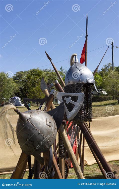 A Display Of Replica Viking Armor And Weapons Editorial Stock Image