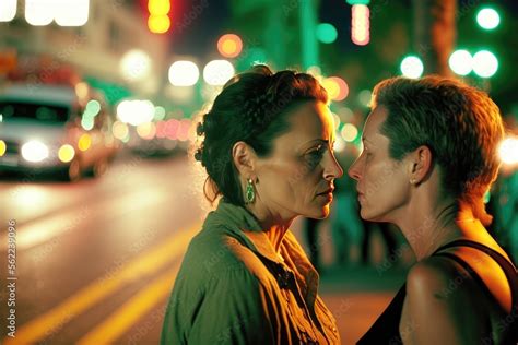 Senior Lesbian Couple In Their Moment Of Intimacy At Night In The