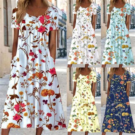 Women S Summer Short Sleeved Flower Printed Round Neck Dress