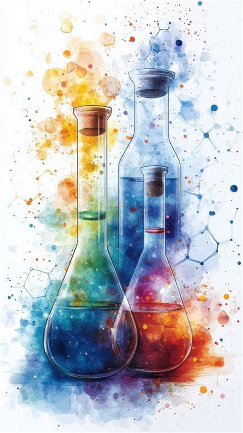 Vibrant Chemistry Art With Colorful Laboratory Flasks And Molecular