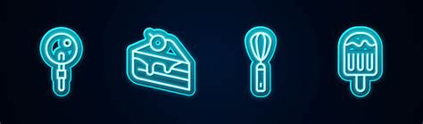 세트 라인 롤리팝 케이크 조각 주방 거품기와 아이스크림 빛나는 네온 아이콘 벡터 끈적거리는에 대한 스톡 벡터 아트 및 기타 이미지 끈적거리는 나선형 달콤한 음식