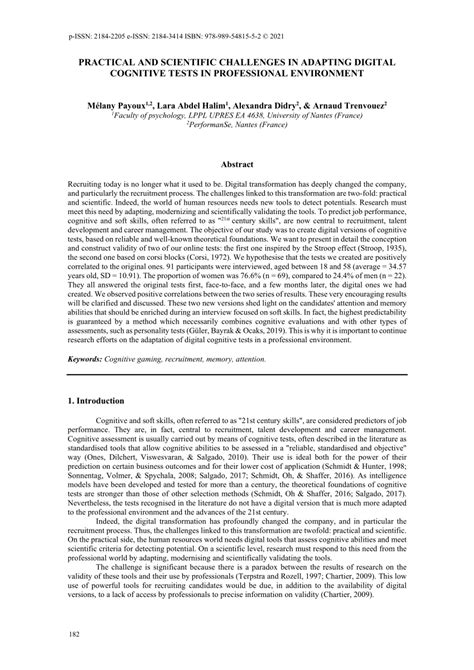 Pdf Practical And Scientific Challenges In Adapting Digital Cognitive Tests In Professional