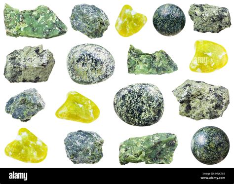 Collection Of Various Tumbled And Raw Serpentine Mineral Stone Isolated
