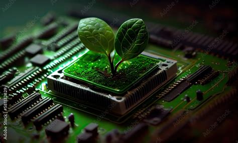 Growing Tree On The Converging Point Of Acomputer Circuit Board Nature With Digital Convergence