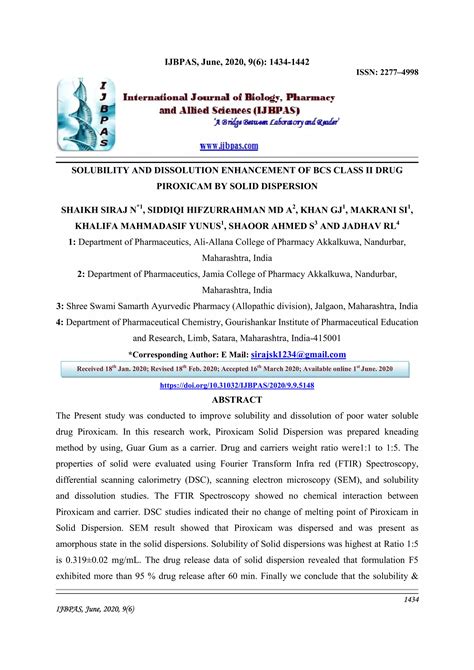 Solubility And Dissolution Enhancement Of Bcs Class Ii Drug Piroxicam
