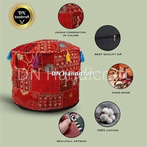 Embroidery Red Round Sofa Corner Pouffe Cover For Home Size 16x16