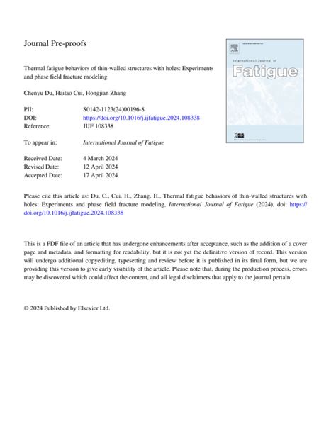 Thermal Fatigue Behaviors Of Thin Walled Structures With Holes Experiments And Phase Field