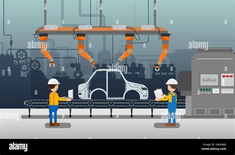 Automation Automobile Factory Concept With Robot Assembly Line In Car