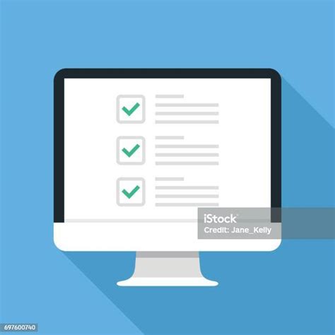 컴퓨터 화면에의 확인란 체크 박스와 그린 체크입니다 설문 조사 의견 작업 할 일 목록 개념 웹 배너 웹 사이트 인포 그래픽에 대 한 현대 개념 크리에이 티브 플랫 디자인