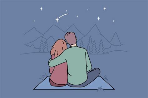 함께 산에서 포옹 하는 행복 한 커플 프리미엄 벡터