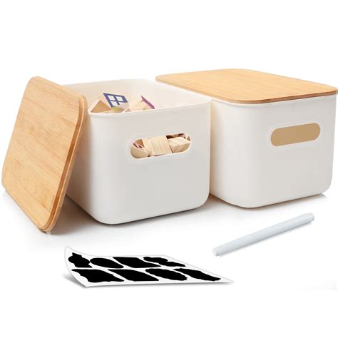 Citylife 2 Packs Plastic Storage Bins With Bamboo Lids Stackable Storage Containers For