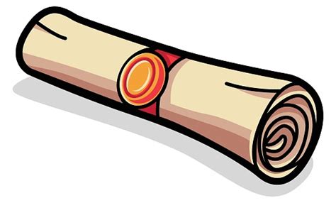 빨간 리본과 금색 인장으로 묶인 만화 두루마리 졸업 성취 메시지 기록 초대 또는 미스터리를 나타냅니다 창의적인 프로젝트에 적합합니다 0명에 대한 스톡 벡터 아트 및 기타