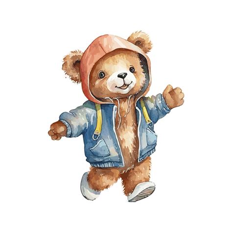 Watercolor Cute Teddy Bear With Hoodie Walk Dynamically Premium Ai