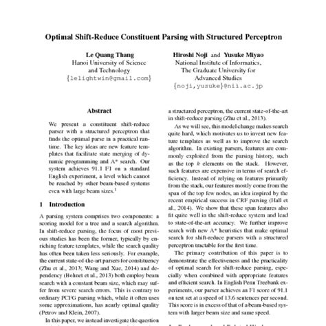 Optimal Shift Reduce Constituent Parsing With Structured Perceptron